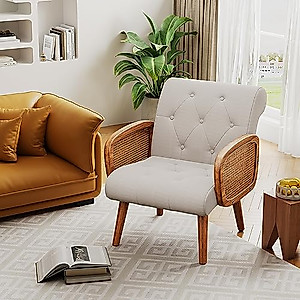 POINTANT Rattan Accent Chair Modern Chair with Rattan Arms Reading Side Mid Century Chair Living Room Chair Boho Chair with Wooden Frame for Home Bedroom Beige