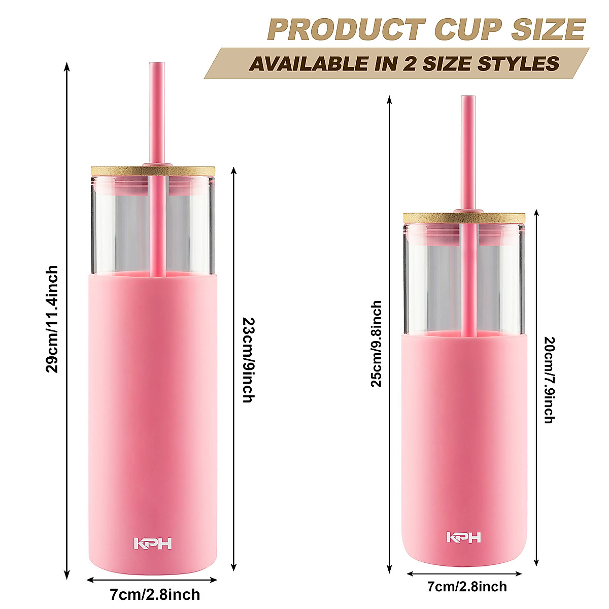 Klickpick Home 20 Ounce Glass Tumblers With Non Slip Silicone Sleeve And 3 Straws And 2 Wooden Fit Lid For Each Glass Water Bottle Tumbler BPA Free (Pink)