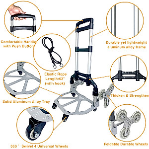 FUVLFAL Stair Climbing Cart, Folding Hand Truck Dolly Cart, Grocery Shopping Cart with Mute Wheels, 180lbs Weight Capacity Aluminum Hand Truck for Luggage, Travel