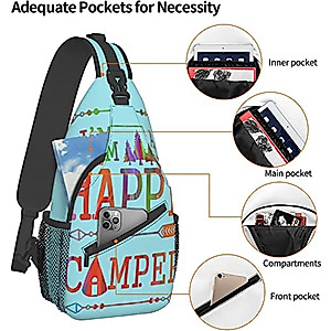 Stylish Chest Sling Bag Camping Mountain Happy Camper Sky Blue,Crossbody Shoulder Backpack Adjustable Chest Bag Lightweight Casual Daypack for Men Women Outdoor Sports Biking Climbing Shopping