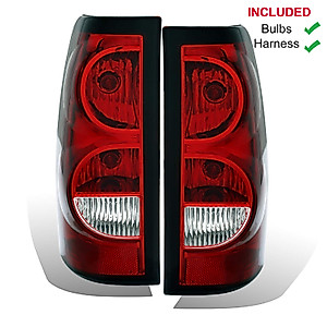 AmeriLite for 2003-2006 Chevy Silverado OE Style Ruby Red Replacement Taillights Rear Brake Lamp Set with Incandescent Bulbs and Harness Vehicle Light Assembly - Passenger and Driver Side