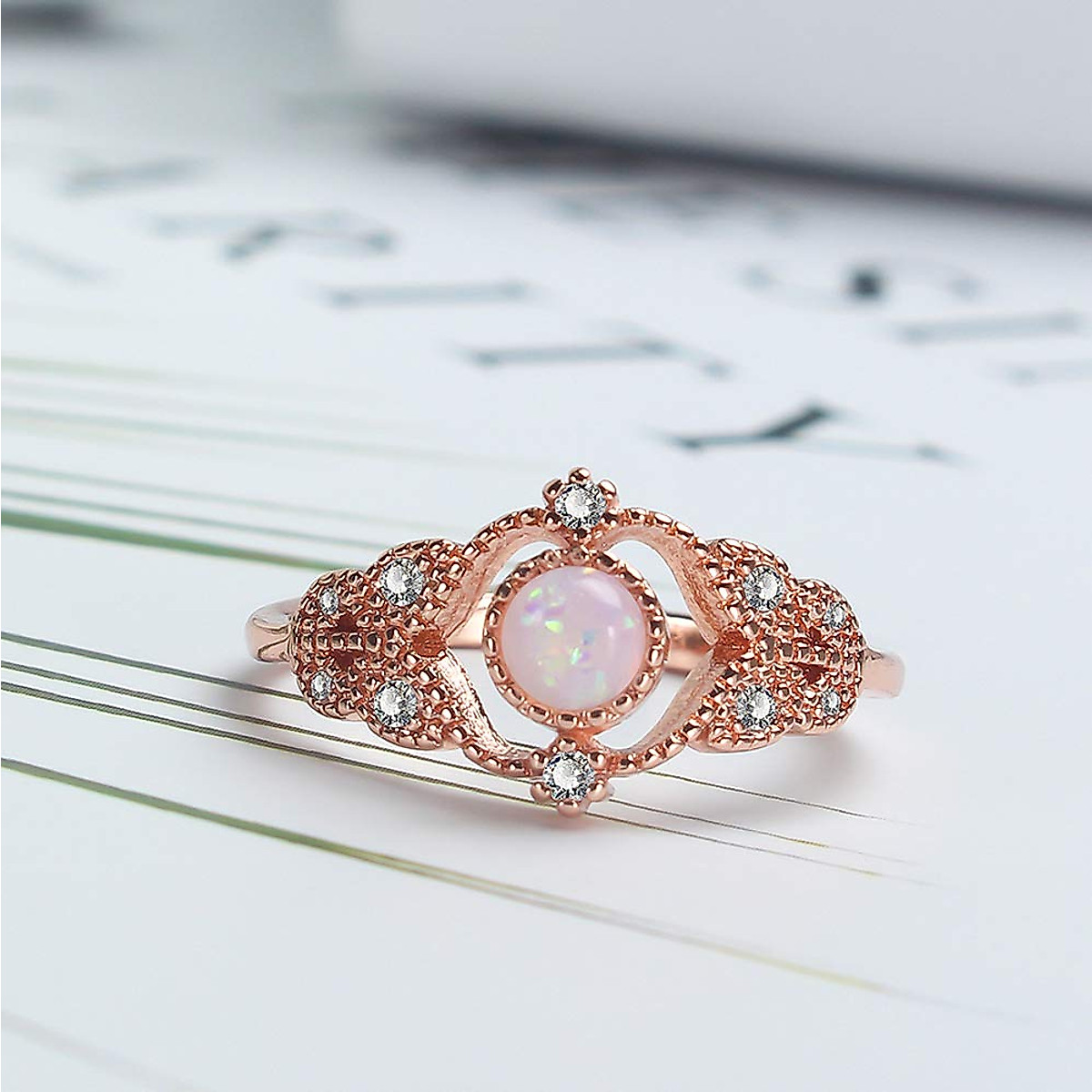 YAZILIND Rose Gold Plated Opal Cubic Zirconia Wedding Engagement Ring Women Jewelry Gift Size 8