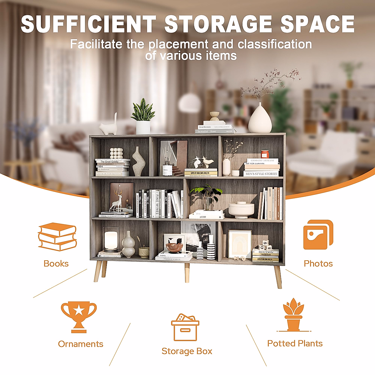 VICLLAX Wood 3 Tier Storage Shelf, 8 Cubes Free Standing Bookshelf with Legs, Display Bookcase for Living Room, Bedroom, Kids Room, Office, Grey