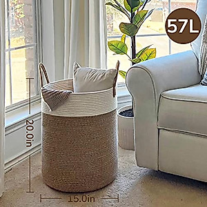 INDRESSME Tall Woven Rope Laundry Basket, Baby Nursery Laundry Hamper for Clothes, Towels, Toys, Blankets, Decorative Basket for Living Room, Nursery, Bedroom, Yoga Mat Basket, 15 x 20 inches, 57L