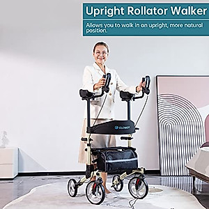 ELENKER Upright Walker, Stand Up Folding Rollator Walker with 10” Front Wheels Backrest Seat and Padded Armrests(Champagne)