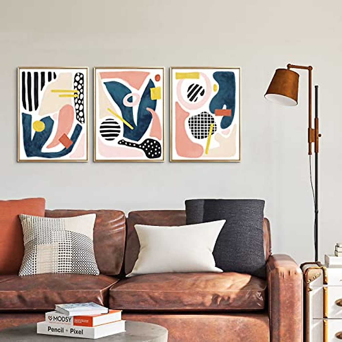 ArtbyHannah Gold Framed Wall Art, Abstract Canvas Wall Art with Geometric Prints, Navy and Pink Modern Wall Art for Bedroom Living Room, 12x16 Inch Set of 3