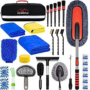 HLWDFLZ 32Pcs Car Wash Cleaning Kit with Car Duster Brush - Car Detailing Kit, Car Duster Exterior Scratch Free with Long Secure Extendable Handle, Detailing Brush Set, Tire Brush, Wash Mitt