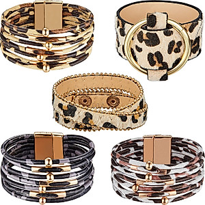 Hicarer 5 Pieces leopard bracelet Leopard Tube Bracelet Multilayer Leather Cuff Bracelet Boho Leopard print Wrap Bracelet for women