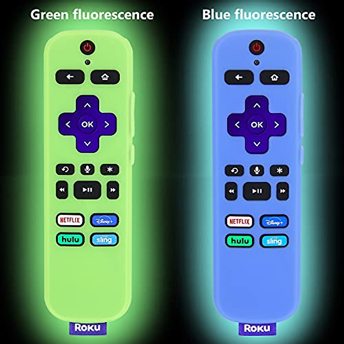 [2 Pack] Remote Cover (Glow in The Dark) Compatible with Roku Voice Remote, Pinowu Anti Slip Silicone Cover Compatible with Roku Players and Roku TVS Voice Remote (Green and Blue)