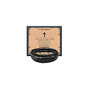 Bracelet for Husband Multi-layer Braided Leather Cuff Bangle Bracelet Wristband Gifts from Wife Handmade Cross Wrist Band Cuff Bangle Bracelet for Him Anniversary Birthday Christmas Gifts for Men 8.5 Inches