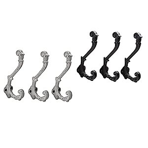 Wall Hooks, Cast Iron, Rustic Chic Shabby Vintage Style, Farmhouse Decor, Clothes Hanging Idea for Hats, Coats, Scarves, Bags Closets, Rustic Key Hooks, (Set of 3) (Distress White) & Black