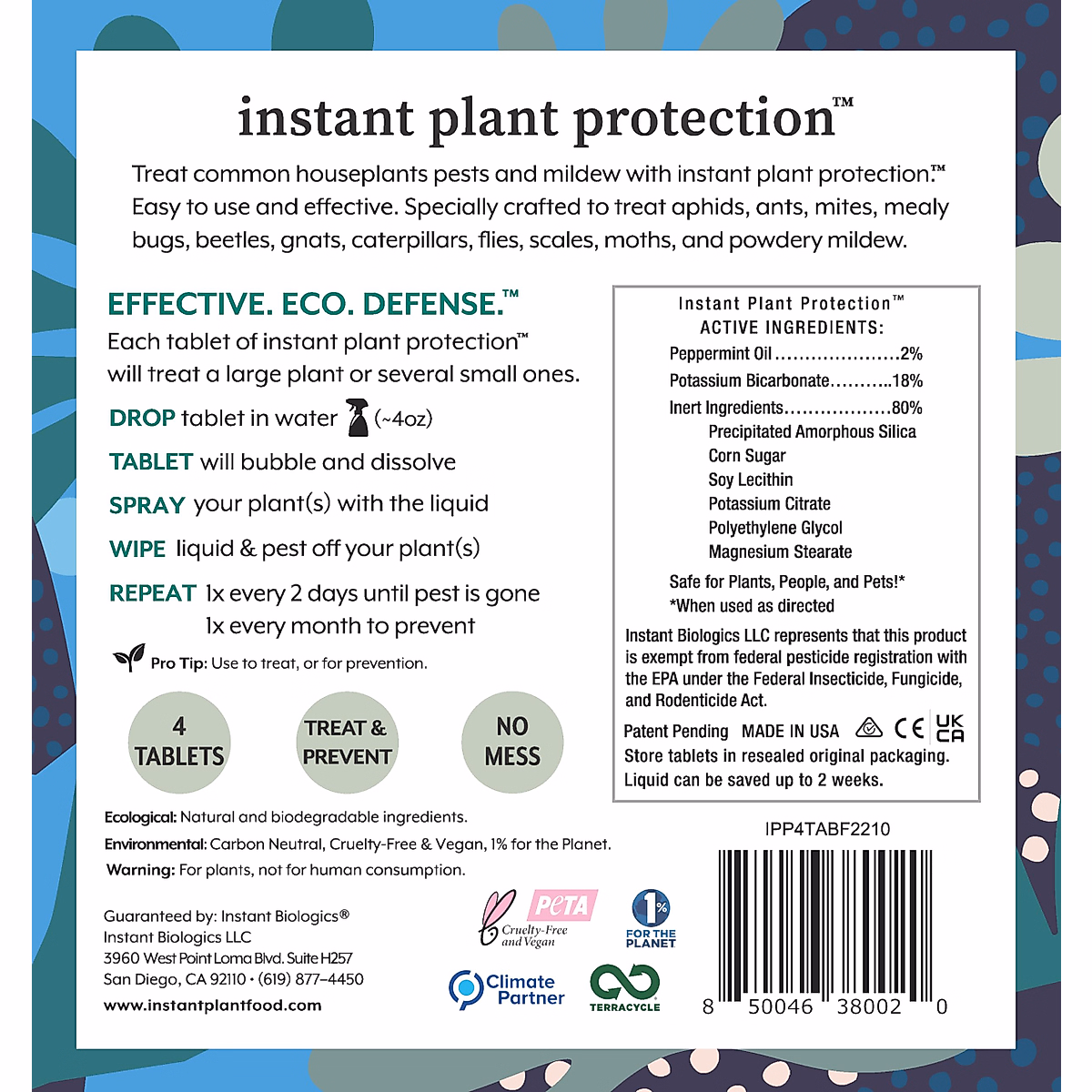 Instant Plant Protection (4Tablets) Self-Dissolving Tablets | Peppermint Spray for Protecting Indoor and Houseplants Against Spider Mites, Insects, and Disease