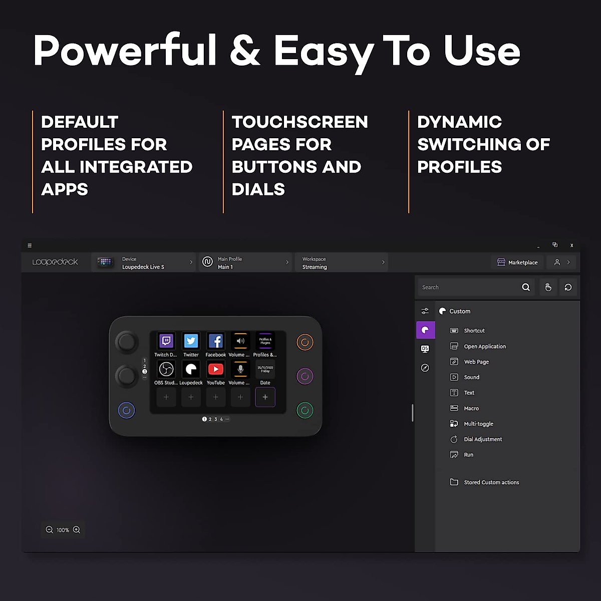Loupedeck Live S - The Streaming Console for Desktop Productivity, Full Stream Control and Content Creation with Customizable LED Touchscreen Buttons, Dials and RGB Buttons, Works with PC and Mac