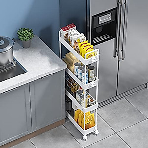 SOLEJAZZ Slim Storage Cart, 4 Tier Bathroom Organizer Mobile Shelving Unit, Rolling Utility Cart Slide Out Organizer for Kitchen, Bathroom, Laundry, Narrow Places, White