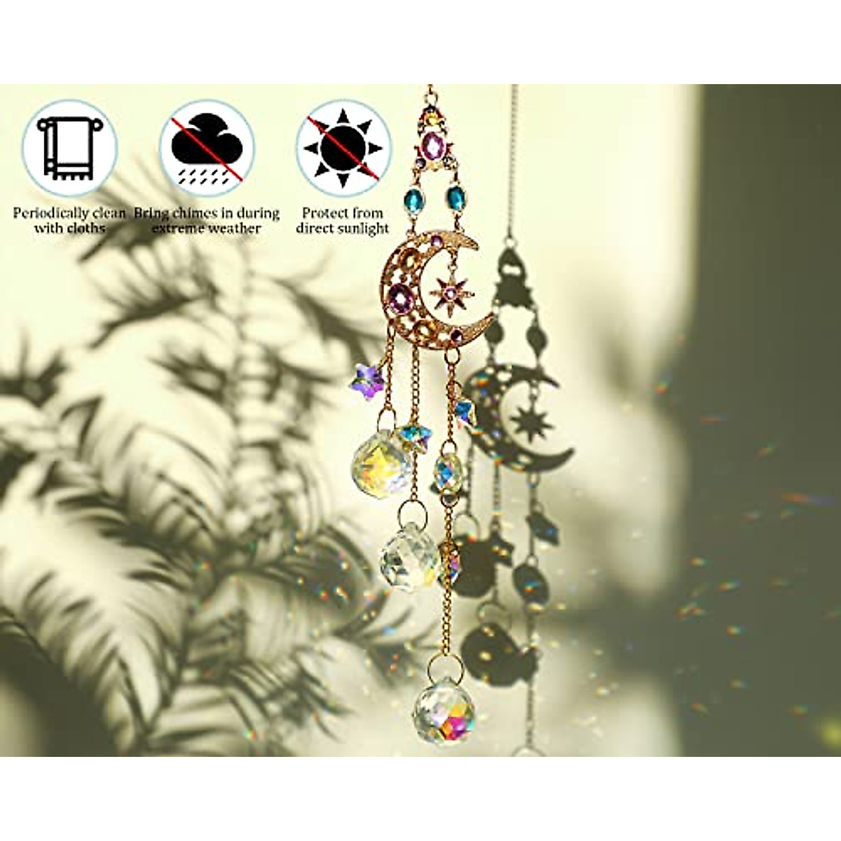 Handmade Crystal Moon&Star Prisms Suncatchers, Glass Window Hanging Ornament, Rainbow Rhinestones Decor for Home Garden