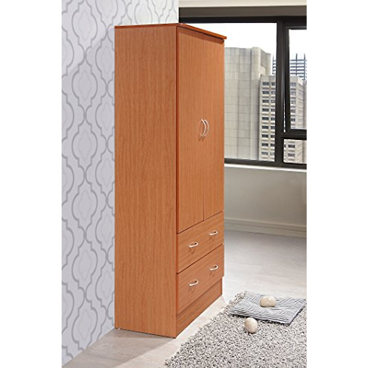 HODEDAH IMPORT- Two Door Wardrobe, with Two Drawers, and Hanging Rod, Cherry