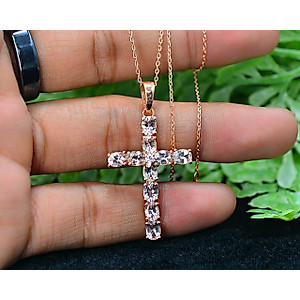 Natural Pink Morganite 5X4 MM Gemstone Holy Cross Pendant Necklace 925 Sterling Silver October Birthstone Morganite Jewelry Proposal Gift For Girlfriend(PD-8323) (16 Inches, Rose Gold Plated Silver)