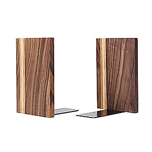 HALOU 2Pcs Wooden Bookends with Metal Base Heavy Duty Book Stand with Anti-Skid Dots for Office Desktop or Shelves Decorative Bookend