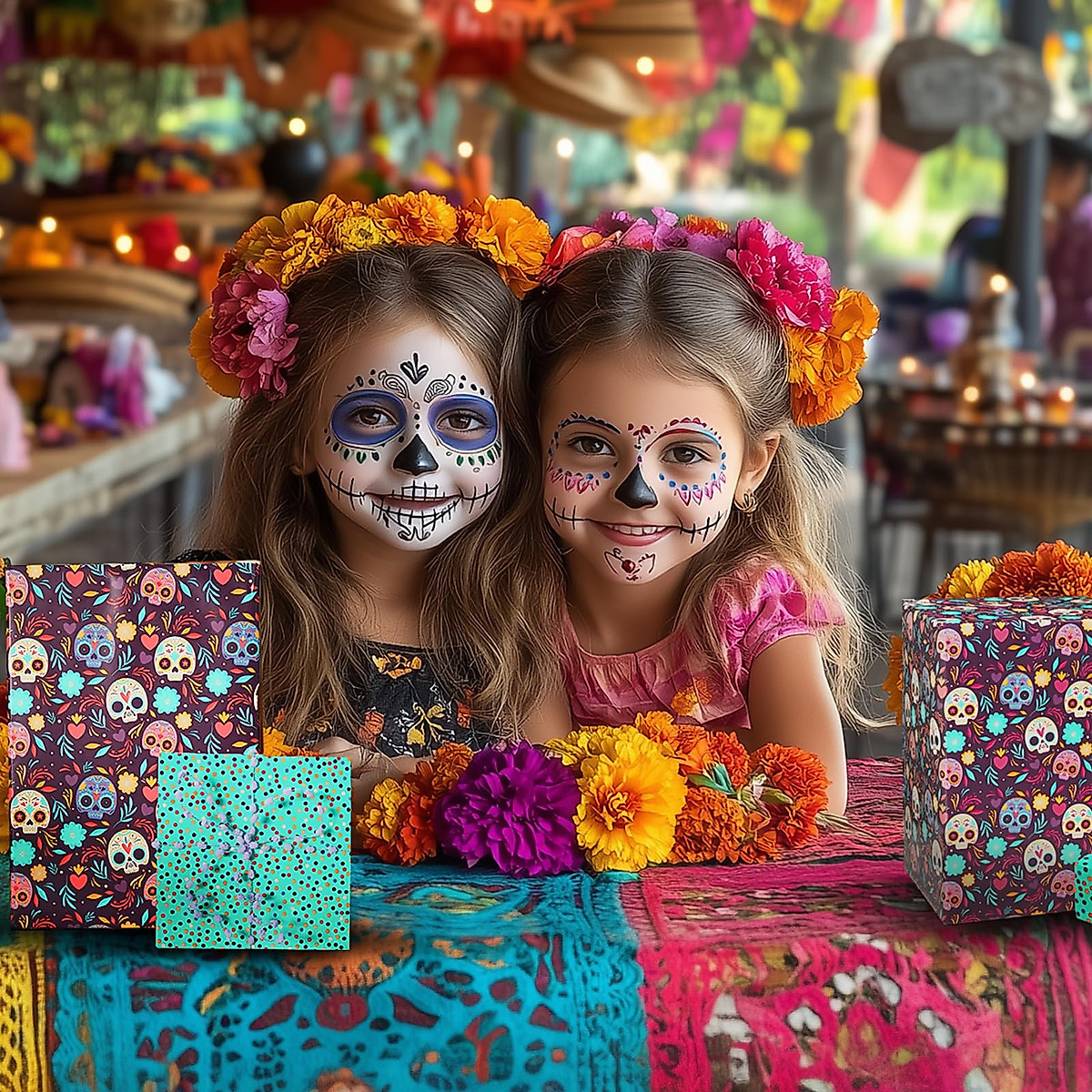 LaRibbons Day of The Dead Reversible Wrapping Paper Roll with Purple Pom Pom, 17 Inch X 33 Feet (47sq.ft.ttl.) Skull Gift Wrap Paper for Dia De Los Muertos, Halloween Decoration, Mexican Fiesta Party