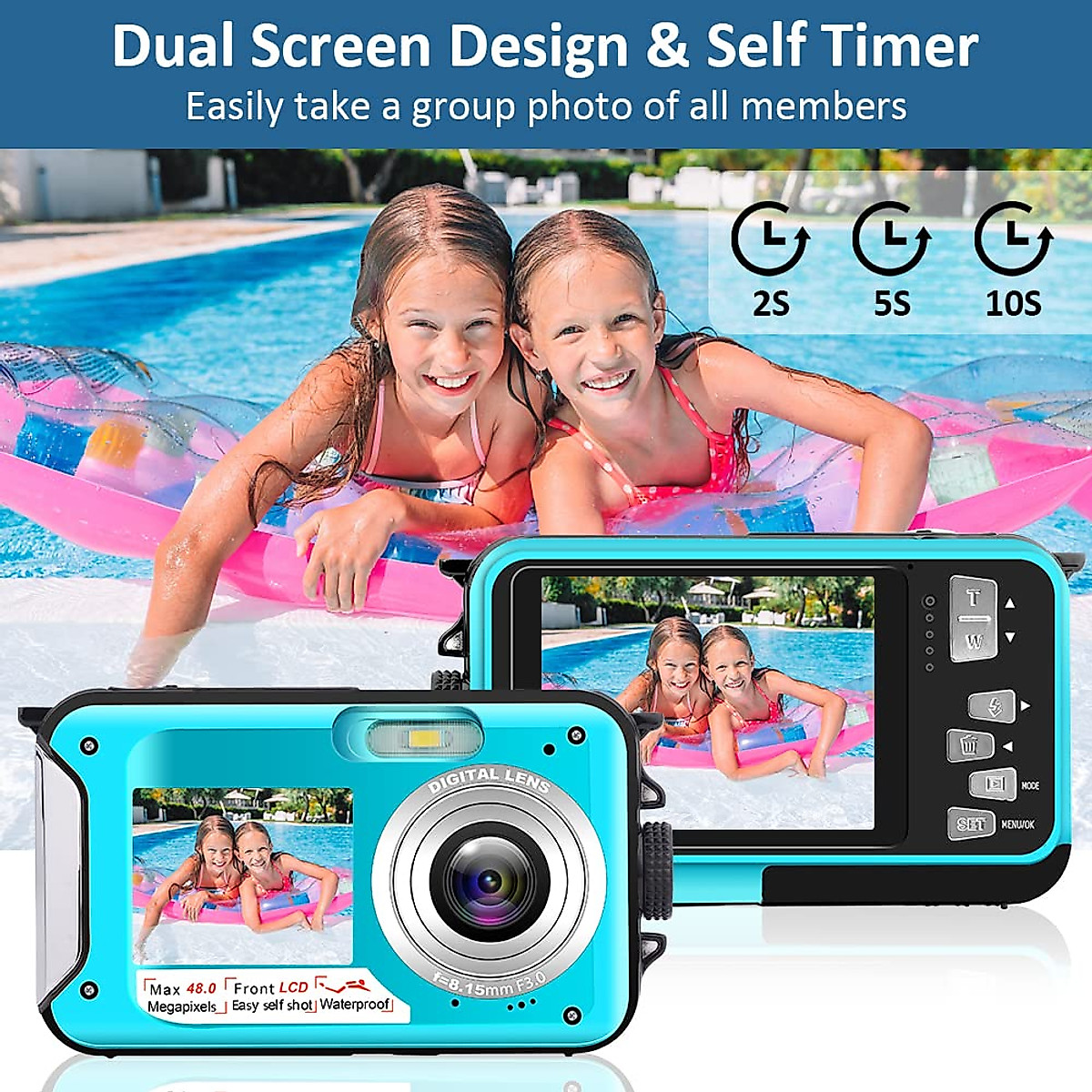 Digital Camera 10FT Waterproof Digital Camera 2.7K 48MP 16X Zoom in Waterproof Camera Selfie Dual Screens Underwater Camera for Snorkeling, Blue