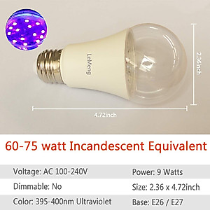 LEMENG LED Black Lights Bulb 9W Blacklight A19(75Watt Equivalent), E26 Medium Base 120V, UVA Level 395-400nm, Glow in The Dark for Blacklights Party, Body Paint, Fluorescent Poster- 3 Pack