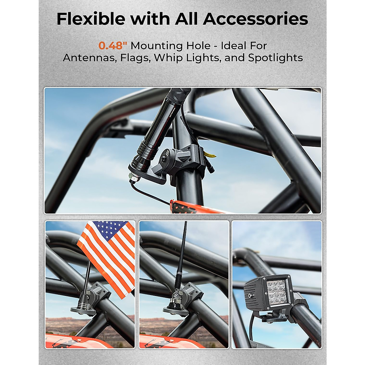 KEMIMOTO UTV Whip Mount Flag Whip Light Mount 2PCS, Heavy Duty Adjustable for 1.75-2 inch Roll Bar Cage, Compatible with RZR 900 1000 XP Pro Turbo Maverick Commander