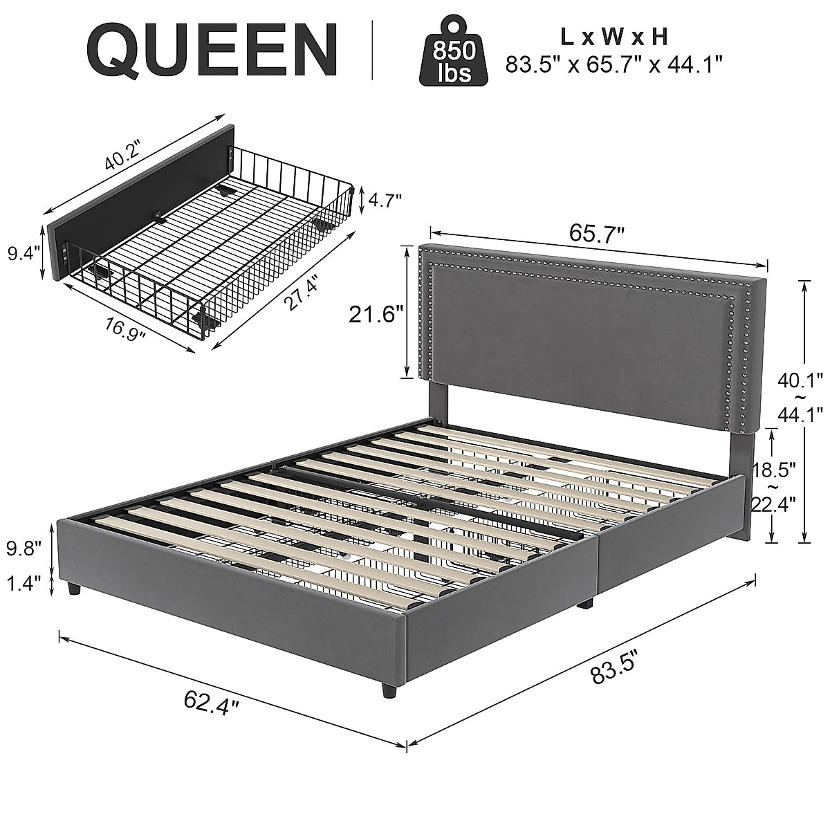 VECELO Queen Size Upholstered Platform Bed Frame with 4 Storage Drawers, Adjustable Velvet Rivets Headboard, Wooden Slats Support, No Box Spring Needed, Easy Assembly