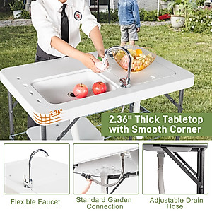 Outvita Fish Cleaning Table Folding Portable Camping Sink Table with Sink Faucet Drainage Hose/Outdoor Camping Table with Grid Rack & Knife Groove,Fish Fillet Hunting Cleaning Cutting Table,White