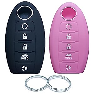 RUNZUIE 2Pcs 5 Buttons Silicone Smart Key Fob Cover Compatible with 2011-2021 2022 Nissan Armada Murano Rogue Maxima Altima Pathfinder 285E3-3TP5A KR5S180144014 (Black and Pink)
