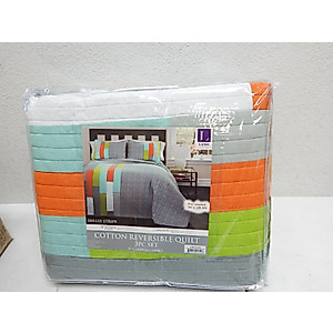 Lush Decor Shelly Stripe Quilt | Modern Geometric Pattern Reversible 3 Piece Bedding Set - Full/Queen - Orange & Gray