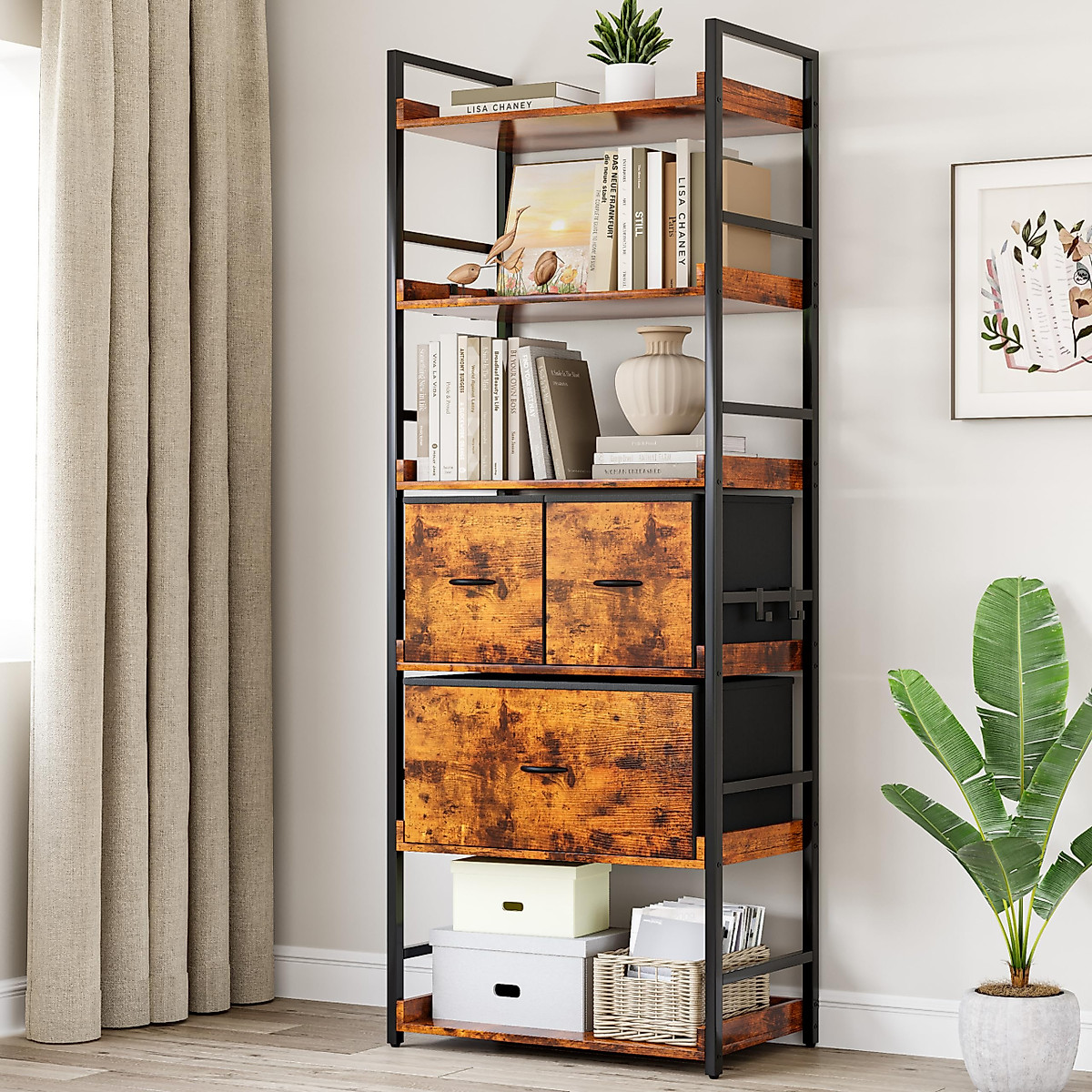 Furmax 6 Tier Bookshelf, Tall Bookcase with 3 Drawers Storage Organizer, Wood and Metal Storage Book Shelf, Standing Shelves for Bedroom and Living Room (Rustic Brown)