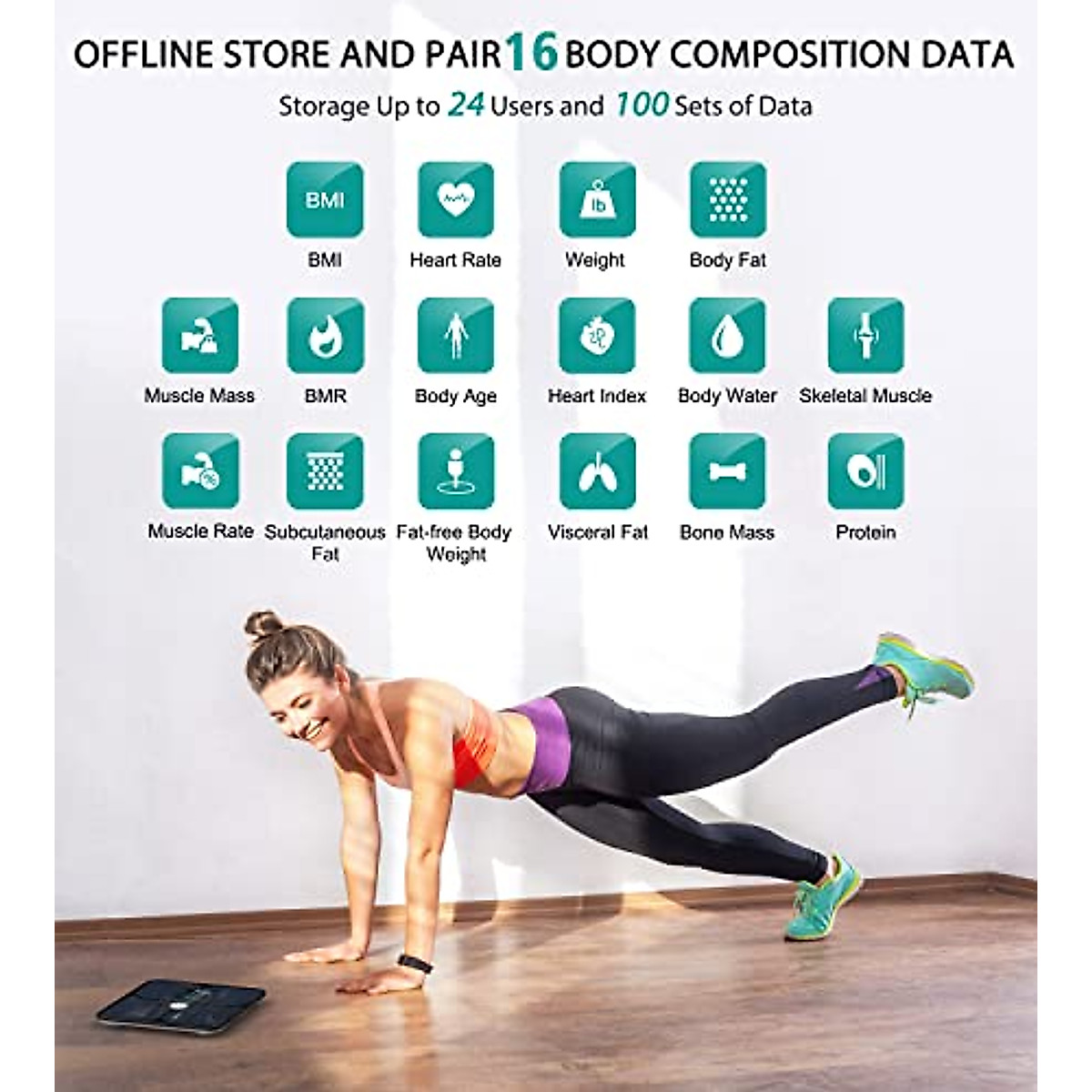 Body Fat Scale, ABLEGRID Digital Smart Bathroom Scale for Body Weight, Large LCD Display Screen, 16 Body Composition Metrics BMI, Water Weigh, Heart Rate, Baby Mode, 400lb, Rechargeable