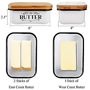 Yesland Butter Dish with Wooden Lid - Unbreakable Enamel Butter Container - Large Vintage Farmhouse Style Butter Keeper for 2 Sticks of Butter East or 1 West Coast Butter(White and Brown)
