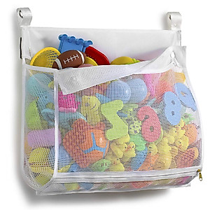 TENRAI Clever Zippered Mesh Bath Toy Organizer, Multiple Ways to Hang, Extra Large Opening Bathroom Toy Holder, Large Capacity Multi Use Bathtub Toy Storage Bag（1 Large, White）