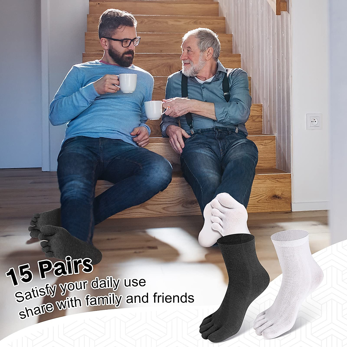 Kenning 15 Pairs Five Toe Socks Mens Polyester Cotton Crew Running Liner Athletic Finger for Winter Activities Hiking Yoga, 5 Colors, Black, Light Grey, Dark Navy Blue and White, One Size