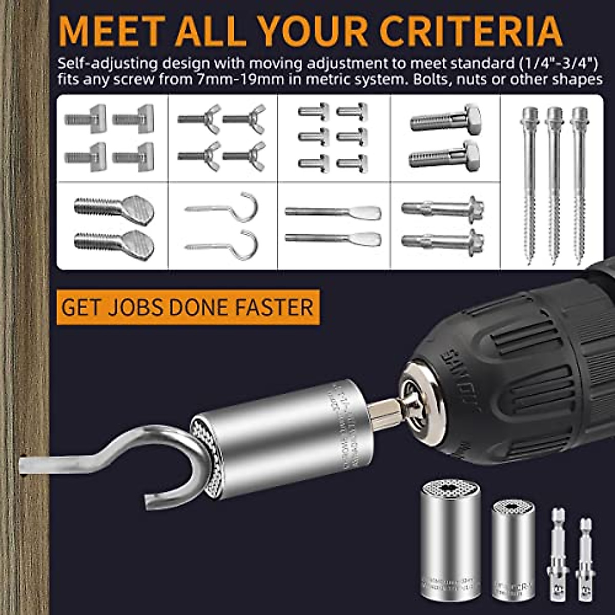 Universal Socket Set (7-19mm 11-32mm) Super Socket For Unscrew Any Bolt Tools,Power Drill Adapter Socket,Multi-function Socket Set Cool for Dad Men Husband Boyfriends Gifts 4 PCS Set
