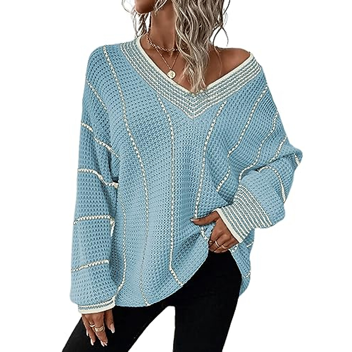 Dokotoo Womens Winter Sweaters 2023 Striped Long Jumper Tops Fashion Color Block V Neck Oversized Sweaters for Women Sky Blue Small