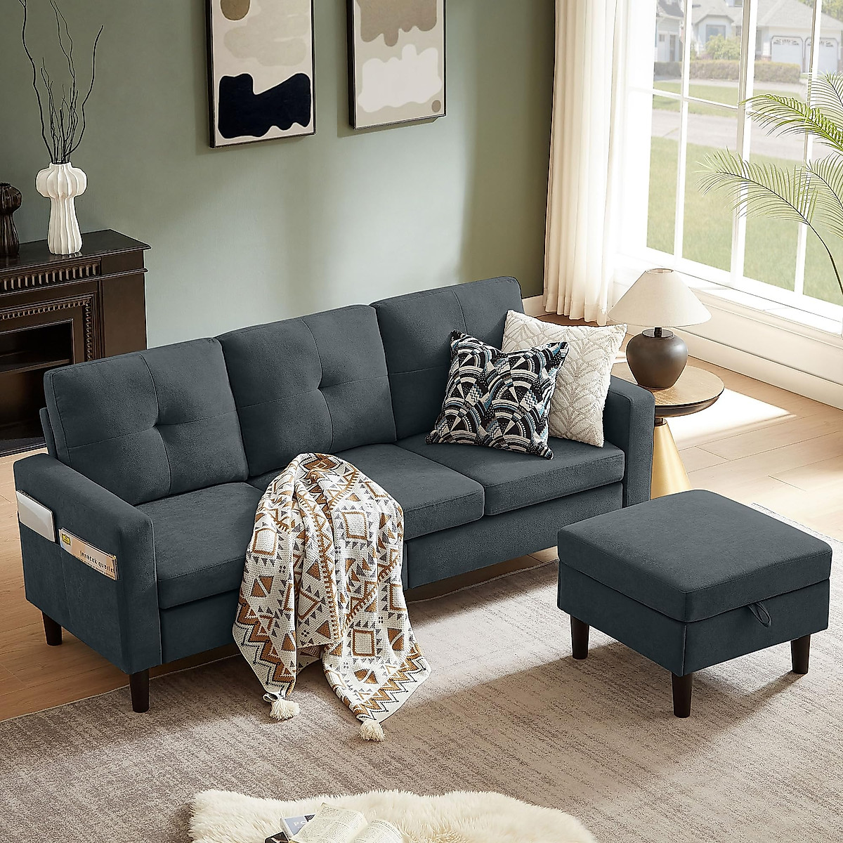 79" Convertible Sectional Sofa, L Shaped Couch with Movable Storage Ottoman 3 Seater Sofa Polyster Fibre for Apartment Small Spaces, Dark Grey
