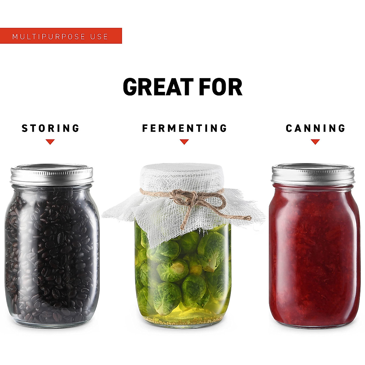 Quality Glass Mason Jars 32 Ounce (6 Pack) Regular Mouth Glass Mason Jar with Lids & Bands, Dishwasher Safe. Ideal for Canning, Pickling, Jam, Meal Prep, Food Storage - Bonus Chalkboard Label & Pen