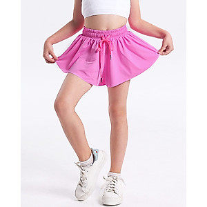 KEREDA Girls Flowy Shorts,Butterfly Shorts for Teen Girls with Spandex Liner 2-in-1 for Running,Gym,Athletic,Workout 1 Pack 7-8Y (Hot Pink)