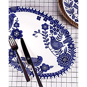 Sonemone 14 inch Blue Bird Serving Platter, Ceramic Oval Serving Plates for Entertaining Party Restaurant, Turkey, Dishwasher & Microwave Safe