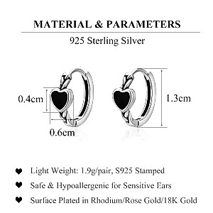 SLUYNZ 925 Sterling Silver Black Heart Hoop Earrings for Women Teen Girls Heart Huggie Earrings Hoop (A-Silver)