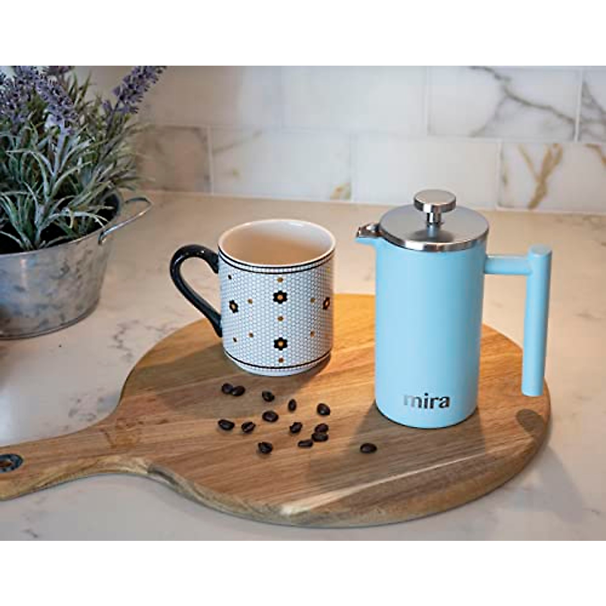 MIRA 12 oz Stainless Steel French Press Coffee Maker | Double Walled Insulated Coffee & Tea Brewer Pot & Maker | Keeps Brewed Coffee or Tea Hot | 350 ml (12 oz (350 ml), Pearl Blue)