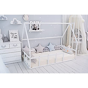 BUSYWOOD House Floor Bed For Kids - Montessori Bed for Toddlers - Wood Kids Bedroom Furniture - Cozy Toddler Bed with Rails - Twin Loft Beds for Kids (Model 1 Mini Floor with Fence, FOR SLEEPING ONLY)