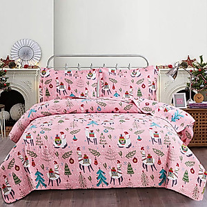 CHESITY Christmas Bedding Quilt Set Queen Size 3-Piece Kids Bedspread Xmas Bedding Set with Alpaca Pattern Lightweight Coverlet Cover for All Season (Pink, 1 Quilt + 2 Pillowcases)