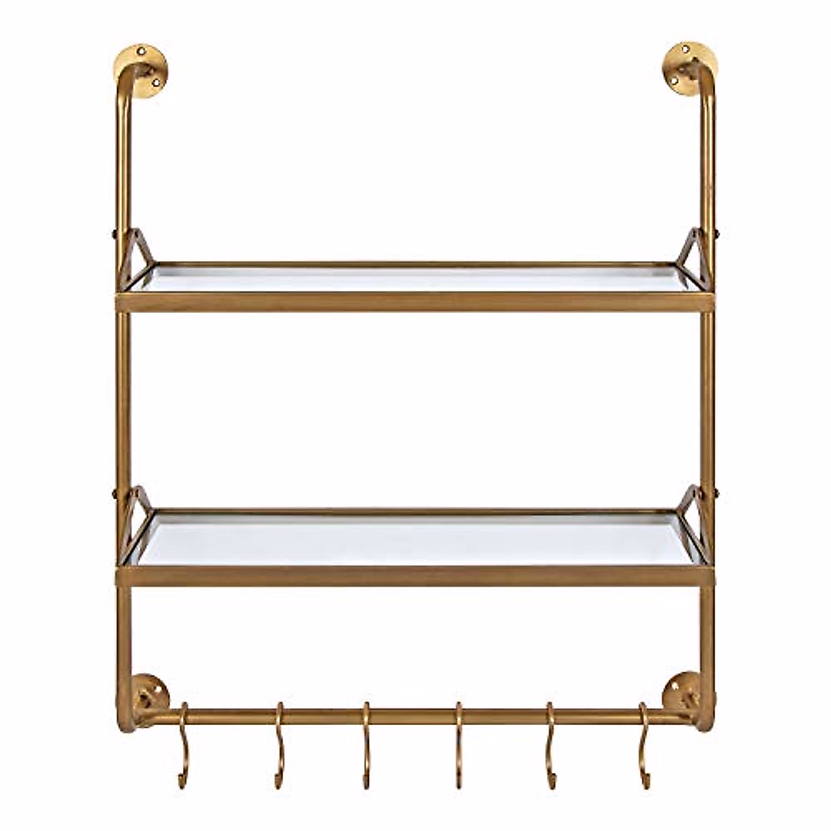 Kate and Laurel Marit Modern Industrial Wall Shelf with Metal Pipe Supports and Glass Shelves, Gold