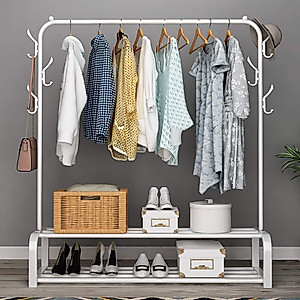 UDEAR Garment Rack Free-standing Clothes Rack with Top Rod,Lower Storage and 6 Hooks, White