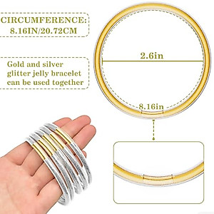 10 Pack Silver Elegant Soft Silicone Glitter Filled Jelly Bracelet Idea Gift for Ladies(5 Gold, 5 Silver)