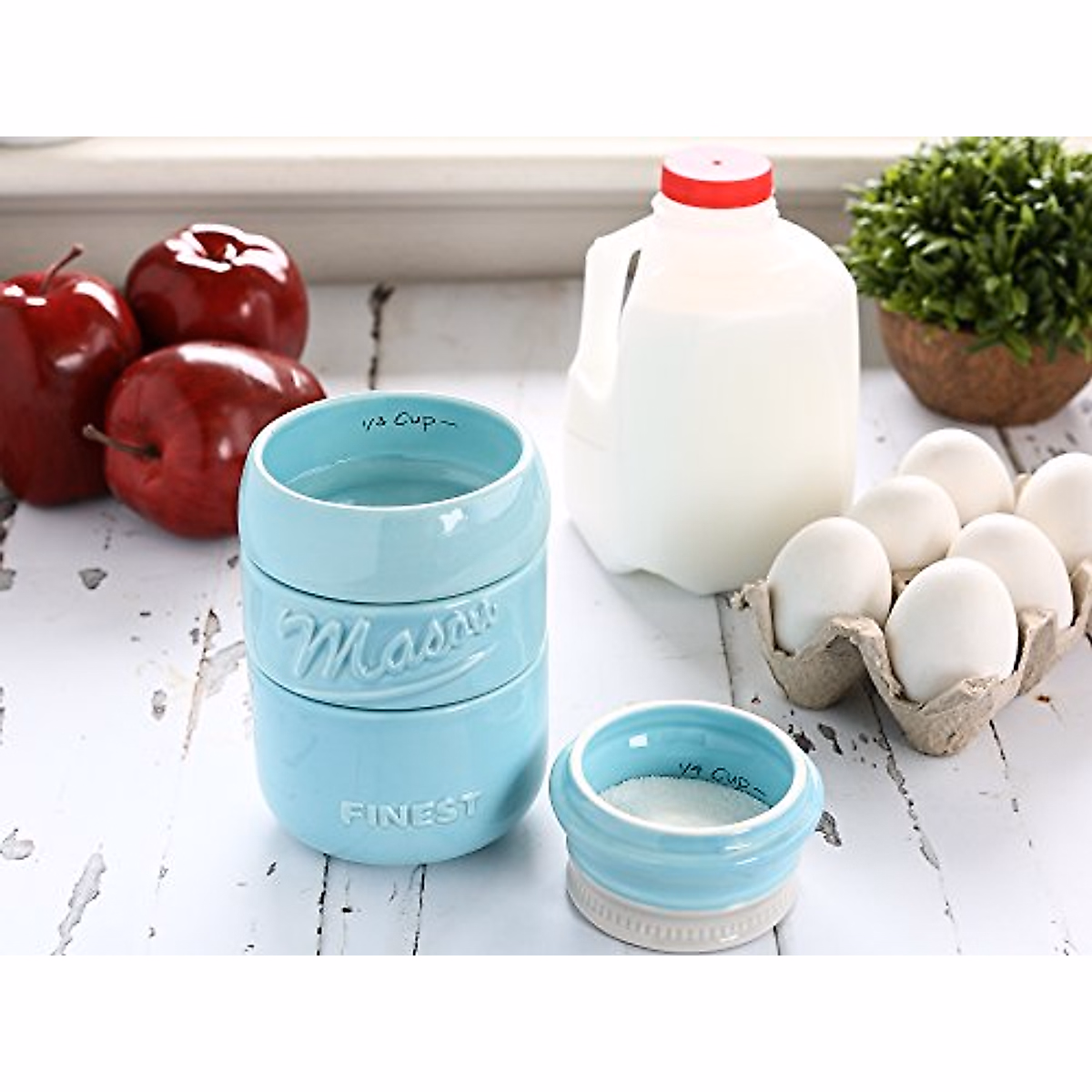 Sparrow Decor Mason Jar Measuring Cups Set - Set of 4 Ceramic Measuring Cups (1/4, 1/3, 1/2, 1 Cup) in Rustic, Antique, Farmhouse Design Perfect for Your Kitchen (Blue)