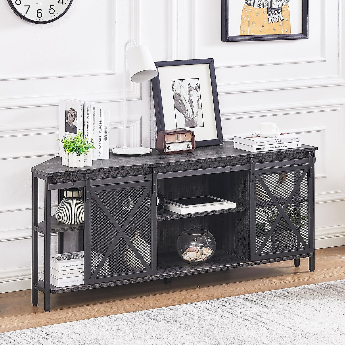 HOMISSUE Corner TV Stand for 55 Inch TV, Rustic Corner Entertainment Center with Storage, Industrial Media Console Table with Sliding Barn Door, Entertainment Center for Living Room, Grey